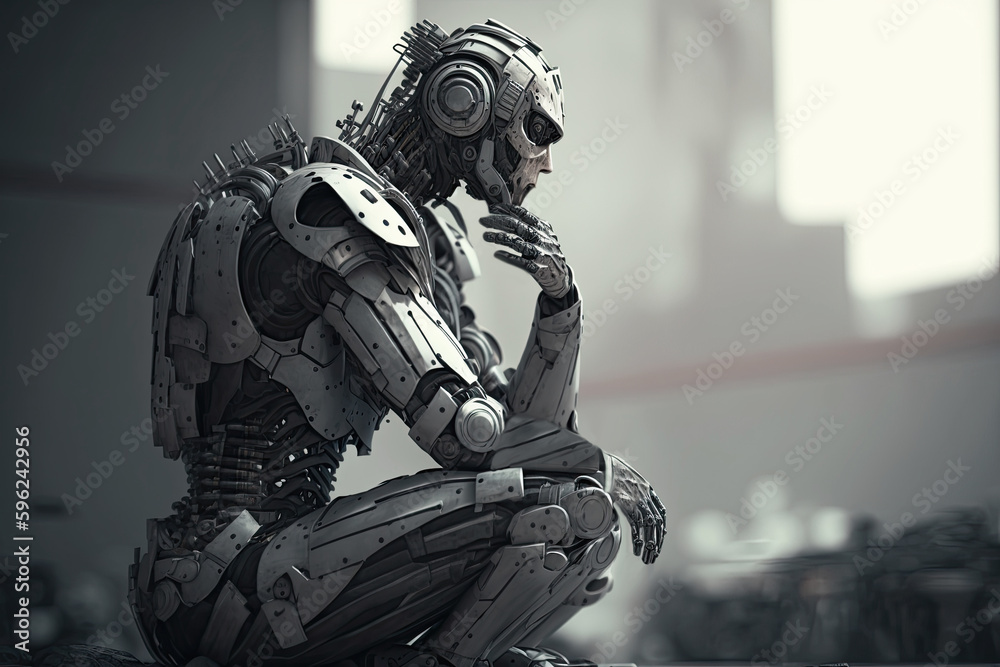 Robot calculating or thinks with hand on chin pose, representing the ...