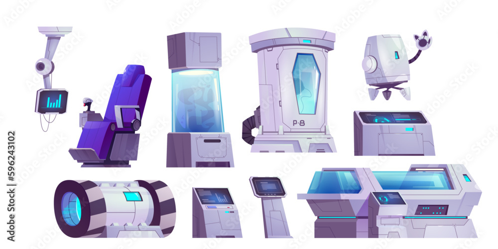 Futuristic cryogen capsule science laboratory isolated set. Cartoon lab ...