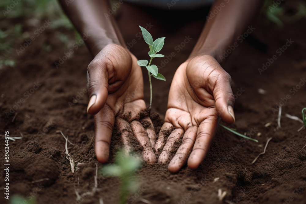 Hands of African American person planting trees. Reforestation ...