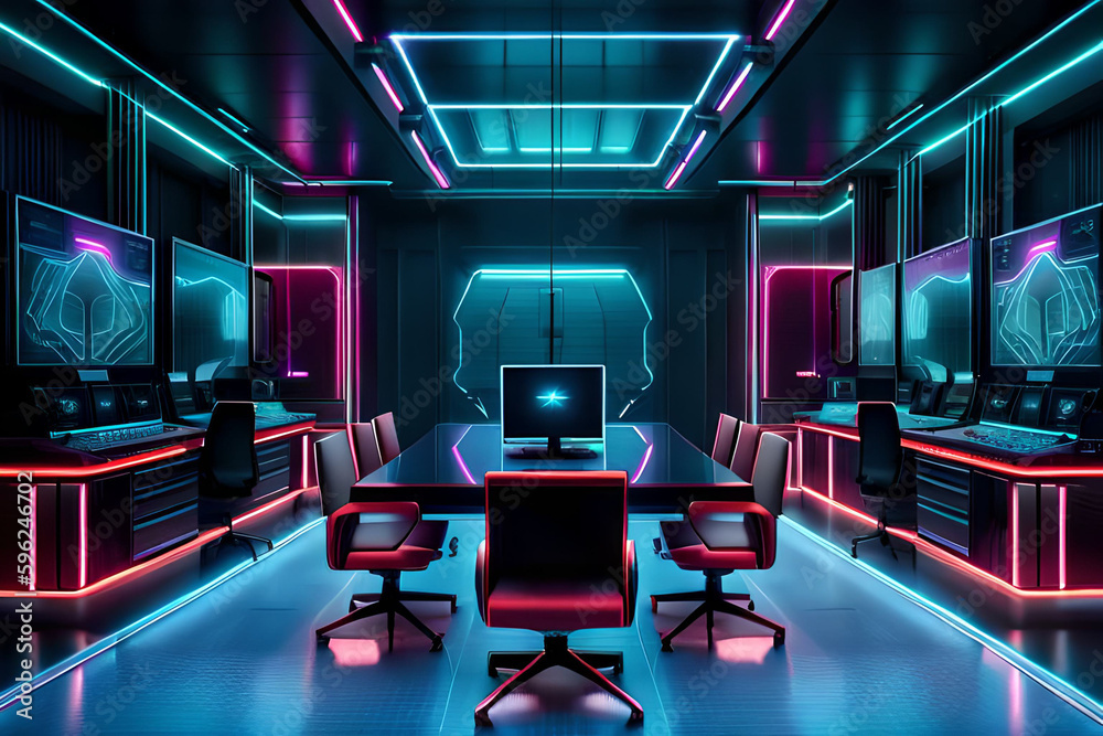 A futuristic room with neon lights and gaming workplace setup Stock ...
