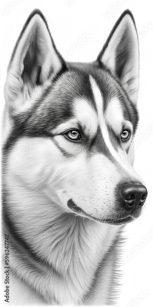 Drawing of a Siberian Husky Dog. Dog head isolated on white background ...