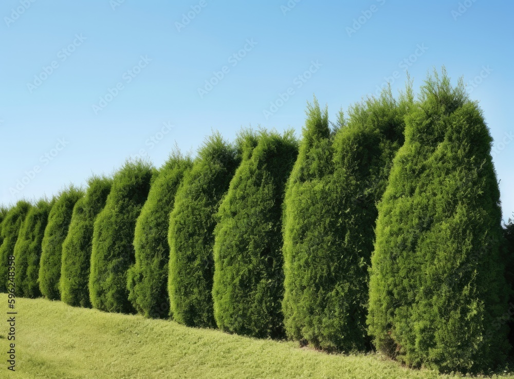 Western thuja emerald green hedge, evergreen trees planted abreast make ...