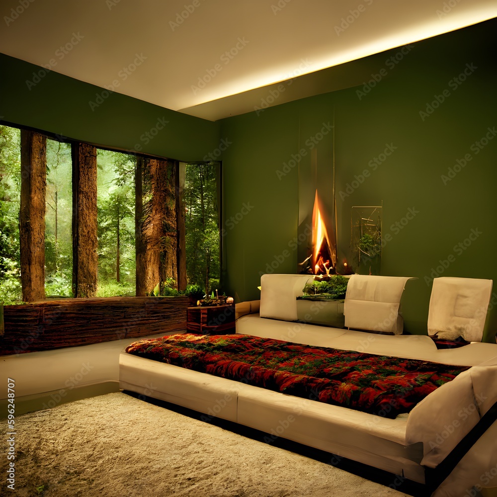 forestal home fireplace bedroom bed dark interior design window large ...