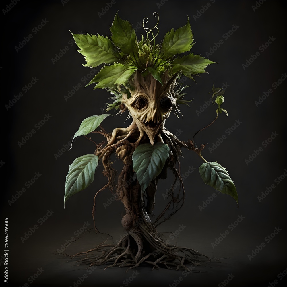 very leafy mandrake plant the root is a grotesque witchs poppet with ...