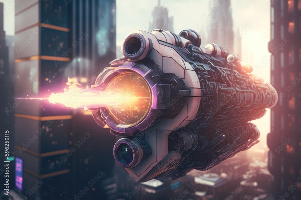 alien blaster in high-tech city, with advanced technology and ...