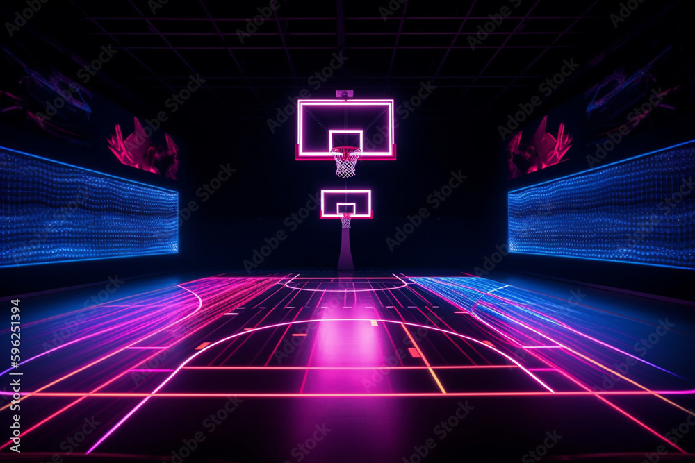 Futuristic basketball court made of neon lights. Generative ai. Stock ...