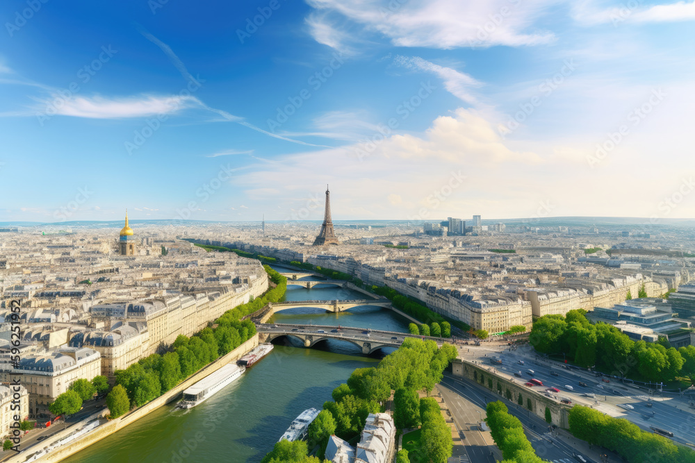 Paris aerial panorama with river Seine and Eiffel tower, France ...