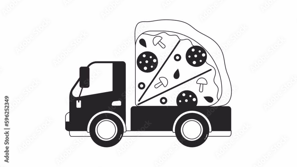 Pizza delivery lorry bw animation. Animated fast food service truck 2D ...