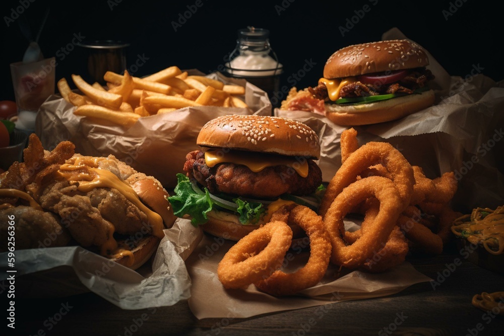 Unhealthy temptations depicted as fast food takeout with fried onion ...