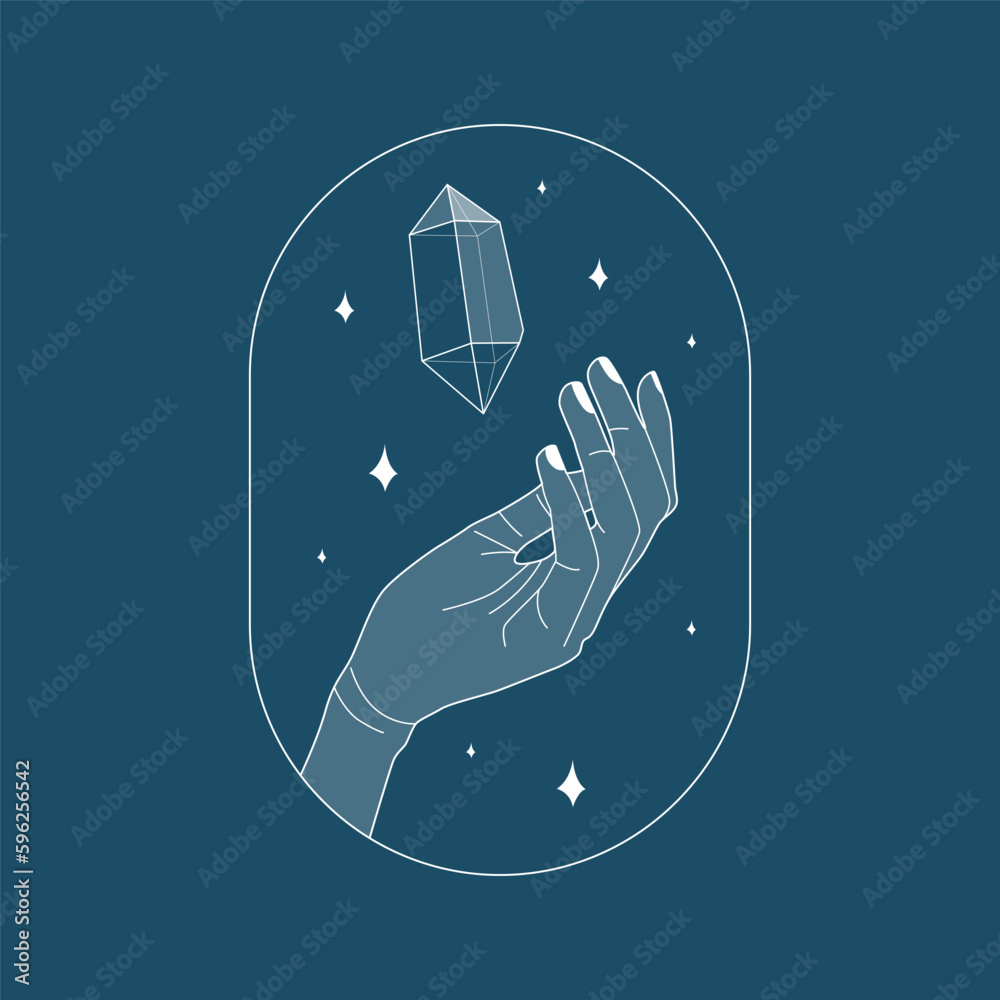 Hand reaching for the crystal gem outline illustration. Magic crystal ...