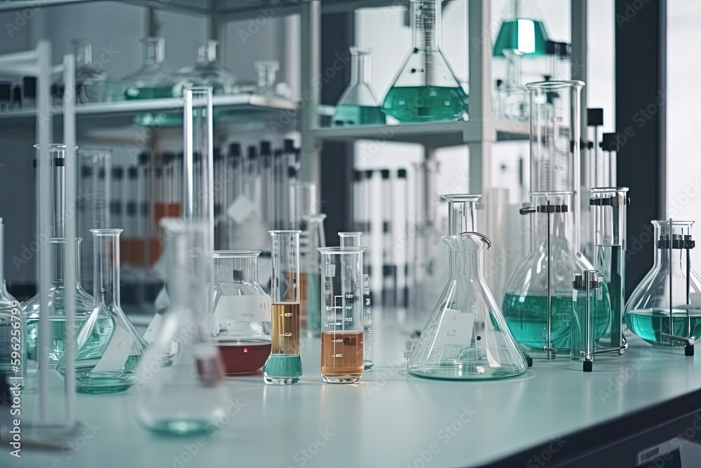 chemical laboratory, with specialized equipment and glassware for ...