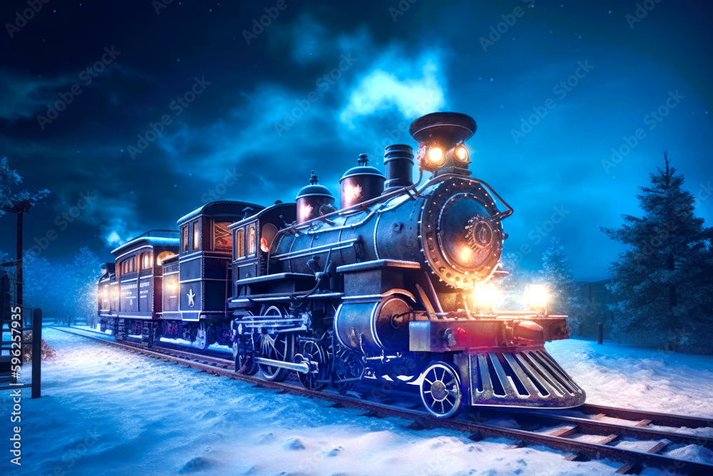 Old christmas steam locomotive driving at night through a dreamlike ...