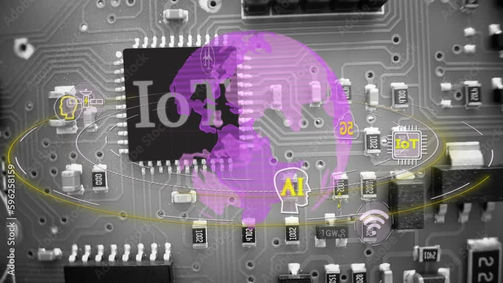Futuristic IoT Concept with motherboard,rotating globe, 5G, artificial ...