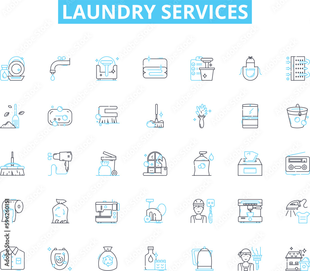 Laundry services linear icons set. Washing, Drying, Ironing, Folding ...