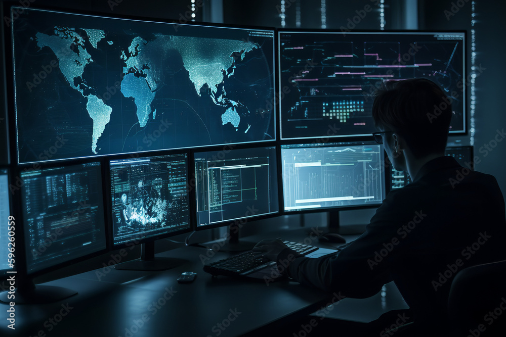 An analyst uses a computer, dashboard, and data system with KPIs and ...