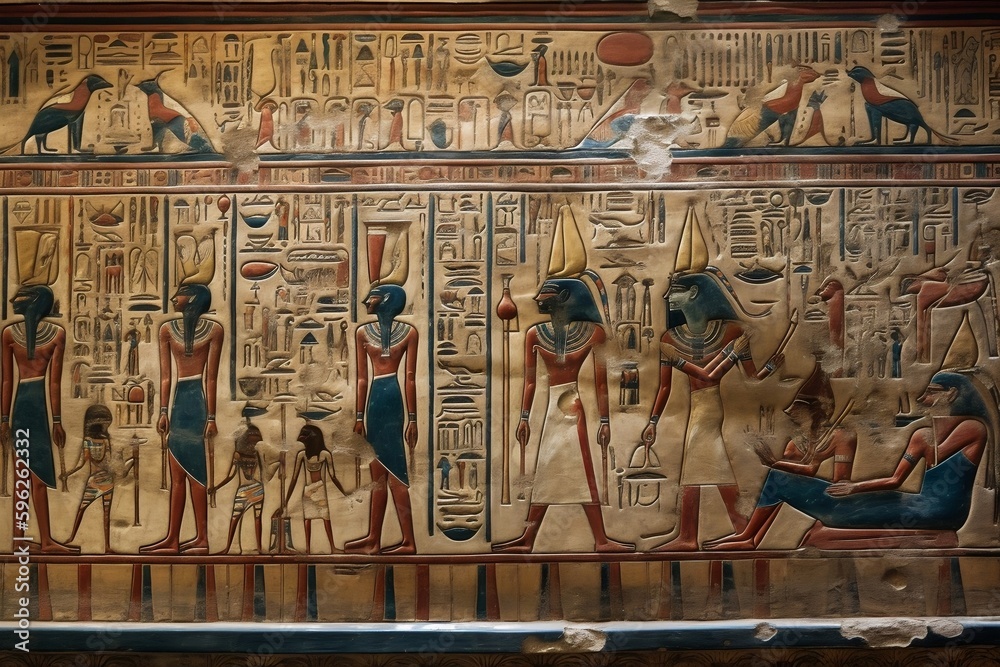 an ancient Egyptian mural situated inside a temple. a realistic and ...
