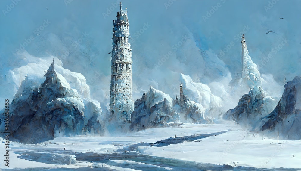 One massive Spire of Ice and Snow in a frozen landscape lone tower ...