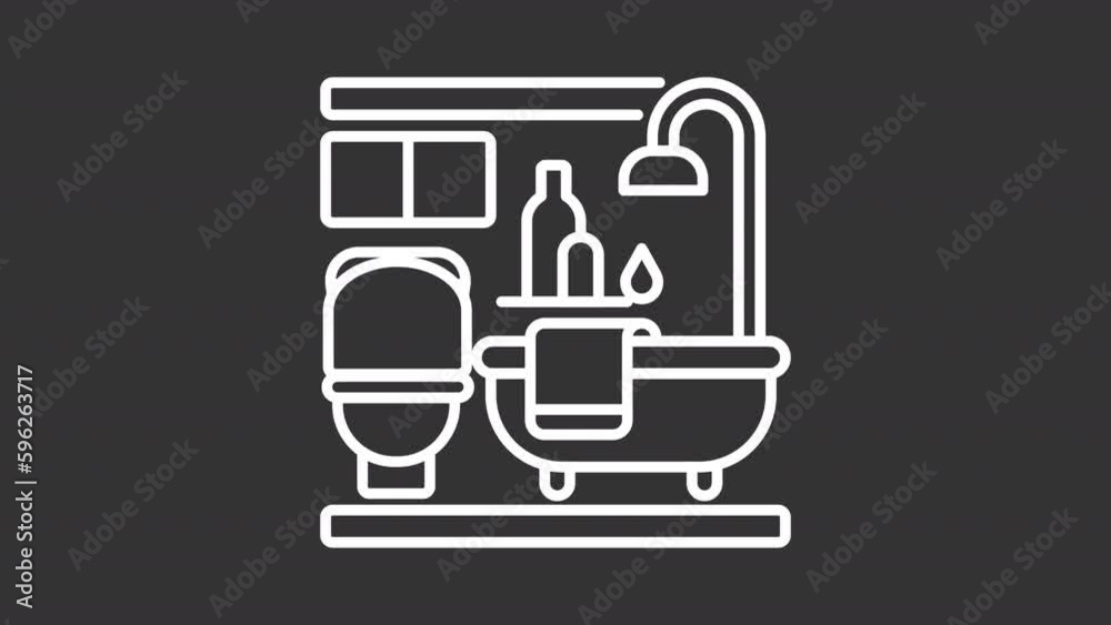 Bath white line animation. Bathroom interior. Bathtub and toilet. Real ...