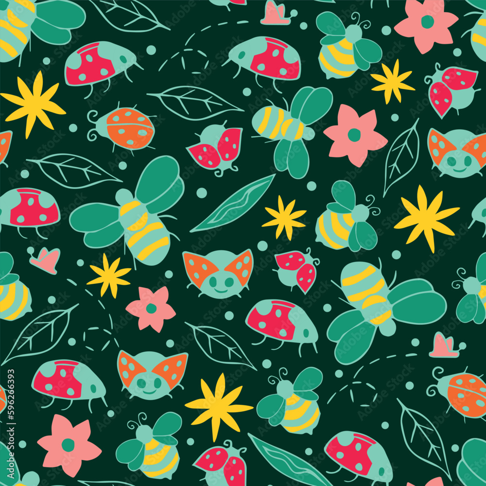Dark green Ladybugs and bees seamless pattern background. Cartoon ...