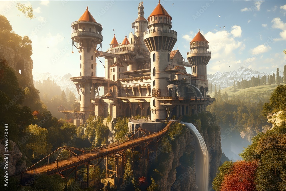 futuristic castle, with towering turrets and drawbridges, surrounded by ...