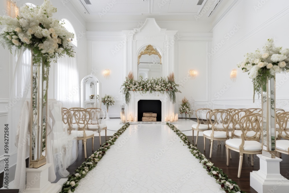pristine white room with intricate ceremony setup for a classic ...
