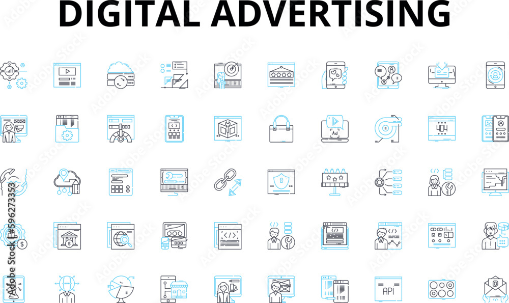 Vetor de Digital advertising linear icons set. Targeting, Strategy ...