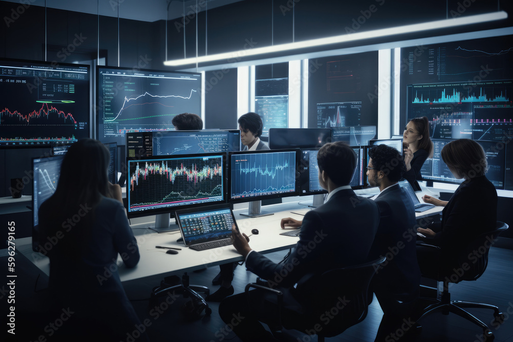 group of people gathered in a virtual trading room, using advanced ...