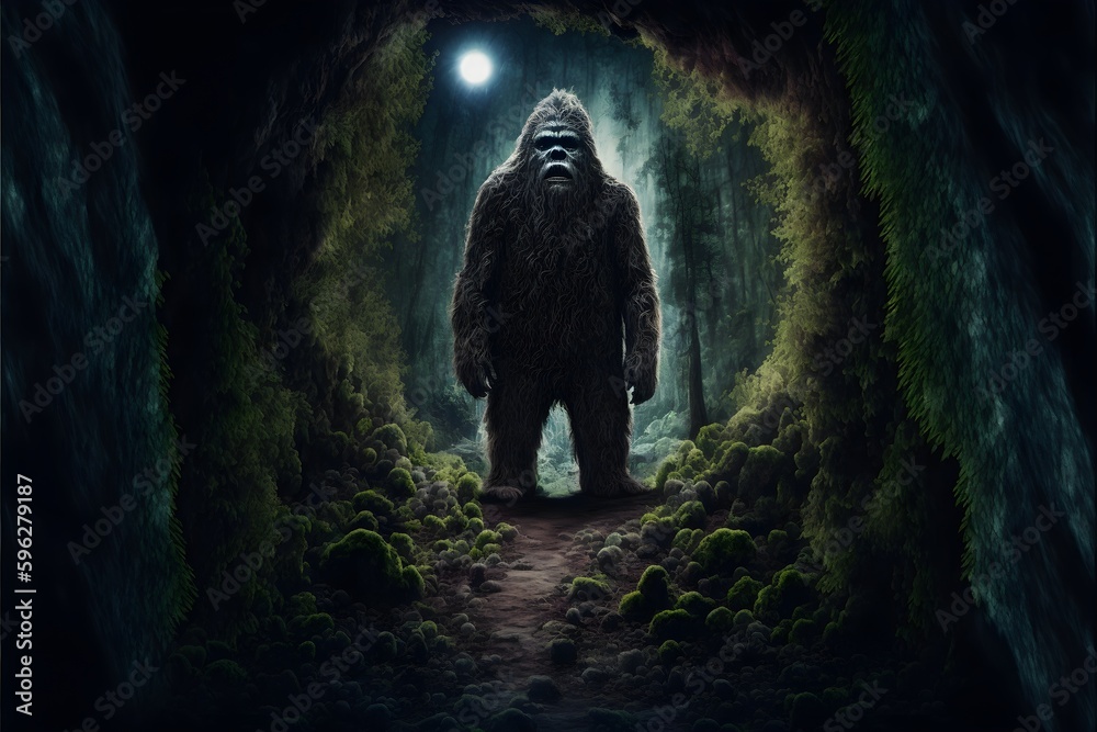 fantasy naive art of a big foot in the forest standing by a mossy cave ...