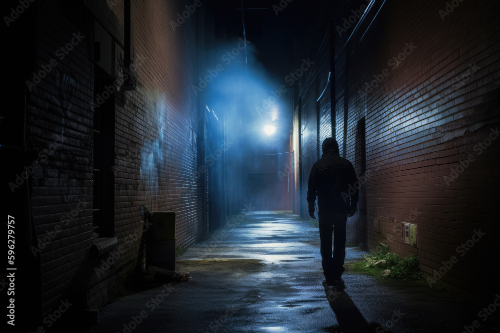 person walking down a dark alley at night, with their surroundings ...