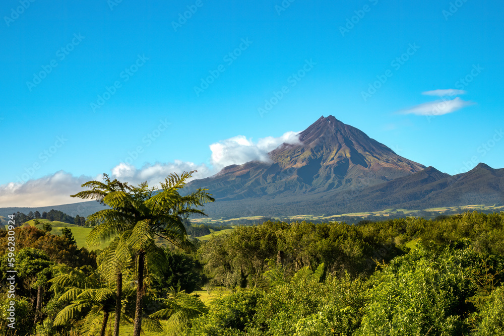 Poster View of Mount Taranaki (Taranaki Maunga) from Lake Mangamahoe ...