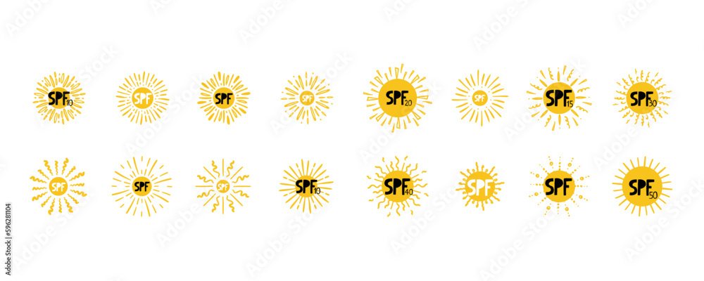 SPF sun set. Hand drawn doodle solar symbols, uv protection emblem ...