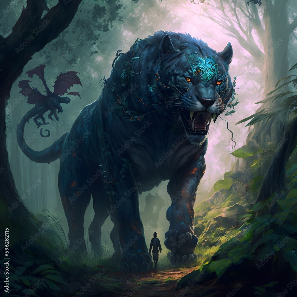 Epic Fantasy style a 100 meters giant chimera mixed panther with wolf ...