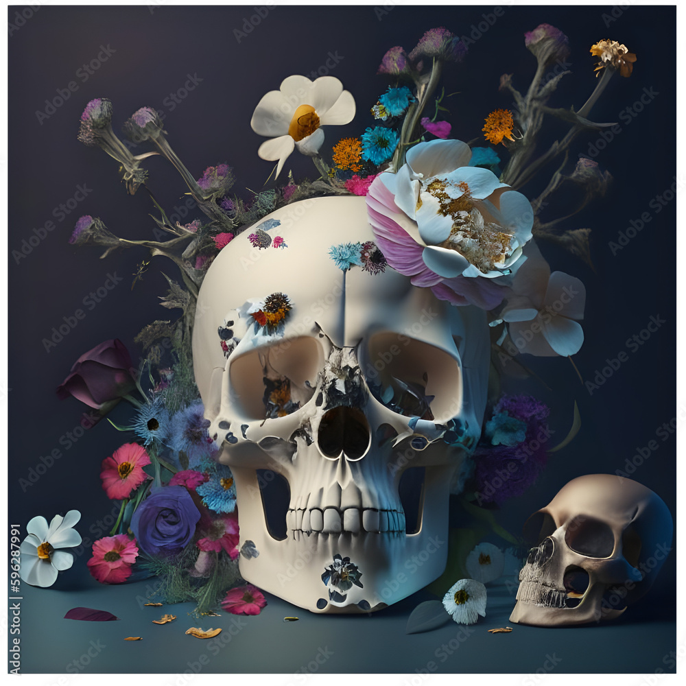 A surrealist artwork that combines skulls and flowers in a harmonious ...
