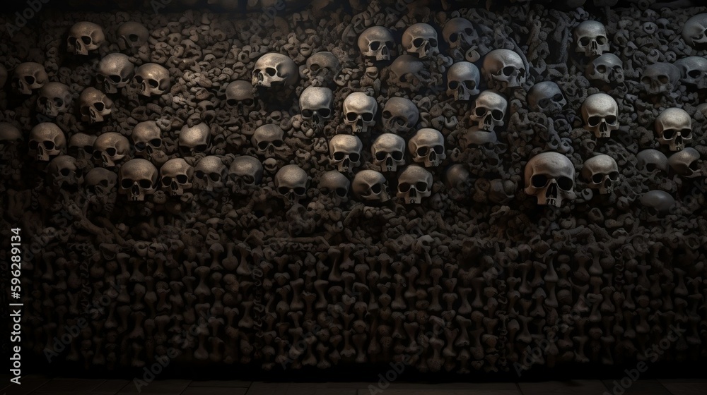 catacomb wall, hundreds of black skulls and bones, high resolution ...