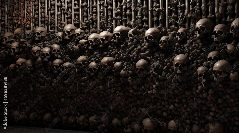 catacomb wall, hundreds of black skulls and bones, high resolution ...