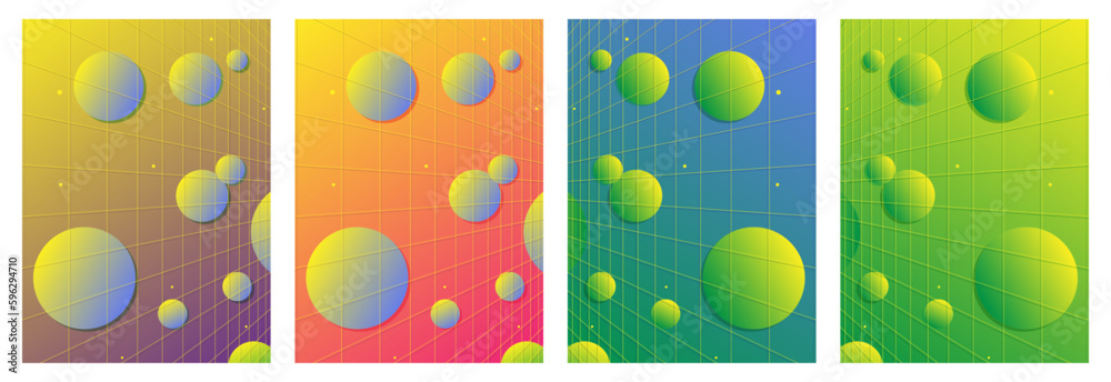 Modern bright geometric posters with grid and planets in y2k style ...