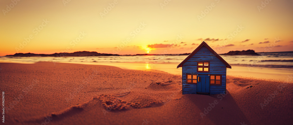 Miniature model of a wooden house on the coast, the concept of real ...