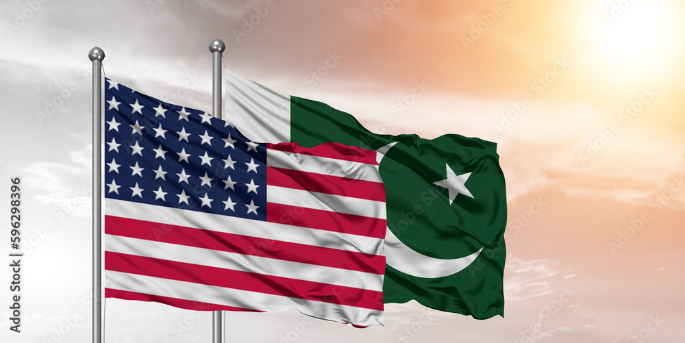 Flags of Pakistan and United States friendship flag waving on the sky ...