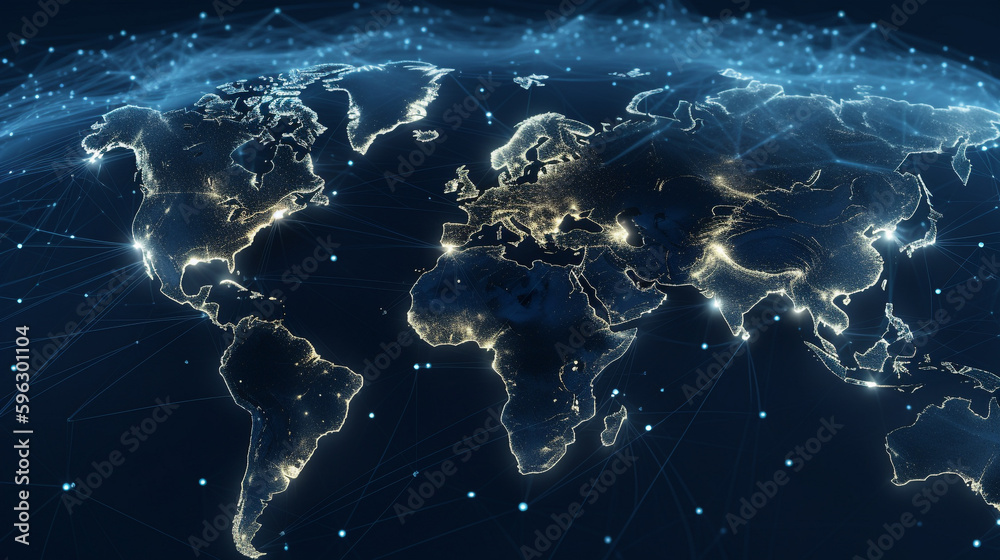 computer network map of the world shown in blue in white. Generative Ai ...