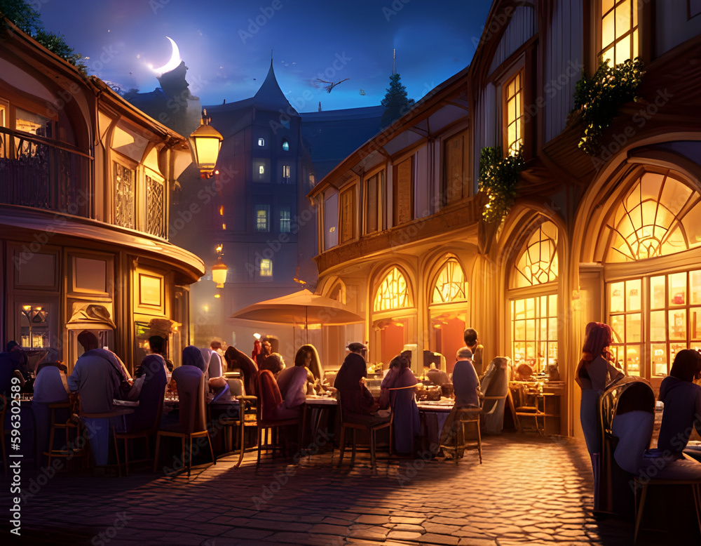Cozy magical café courtyard at night. Warm glow over patrons relaxing ...
