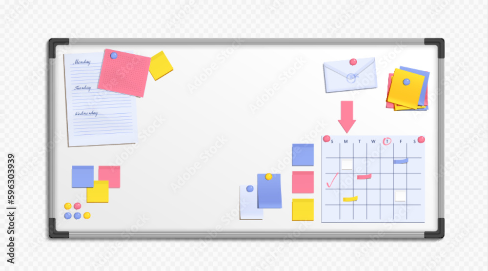 Realistic whiteboard for memo notes and planner isolated in vector ...
