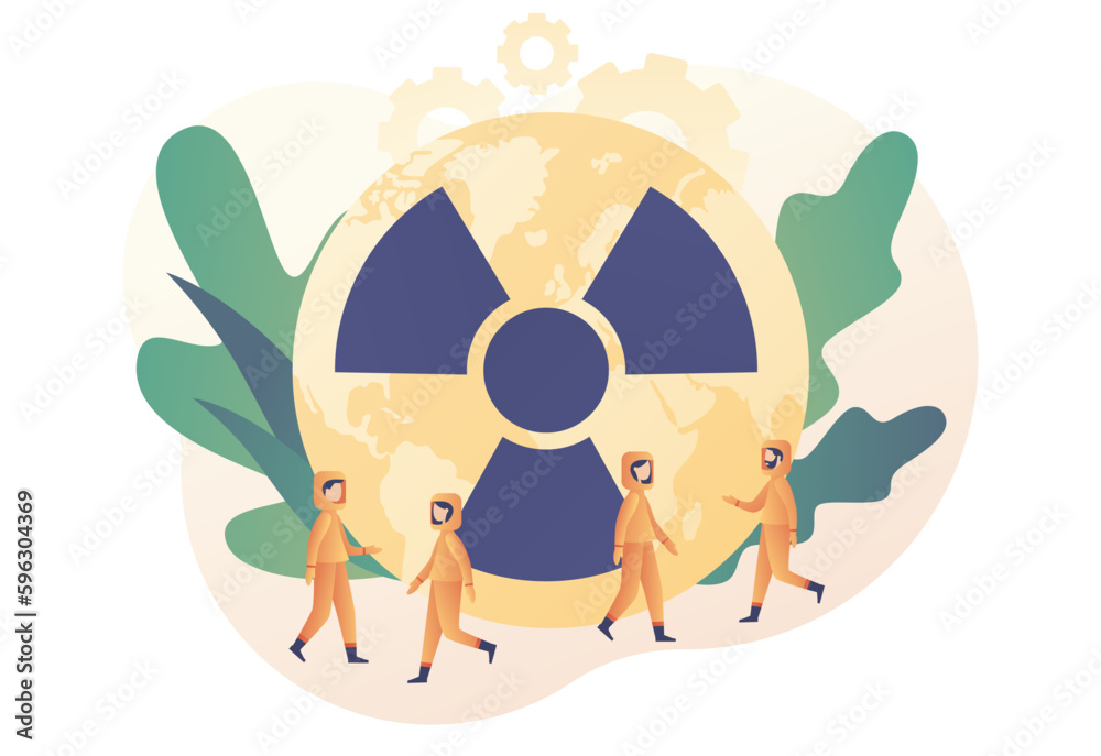 Tiny people in radioactive protection suit. Radiation warning symbol on ...