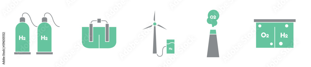 H2 energy modern line icon set, hydrogen power plant concept, renewable ...