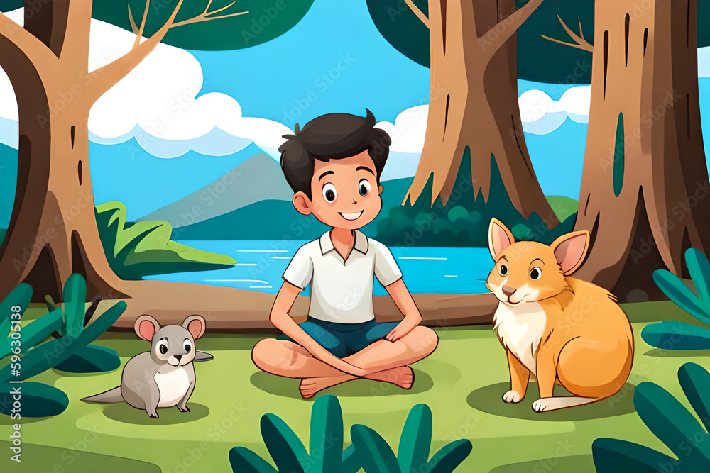 ภาพประกอบสต็อก A Cute Kid Character with his pet animals in the jungle ...