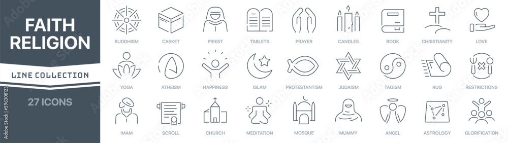 Faith and religion linear signed icon collection. Signed thin line ...