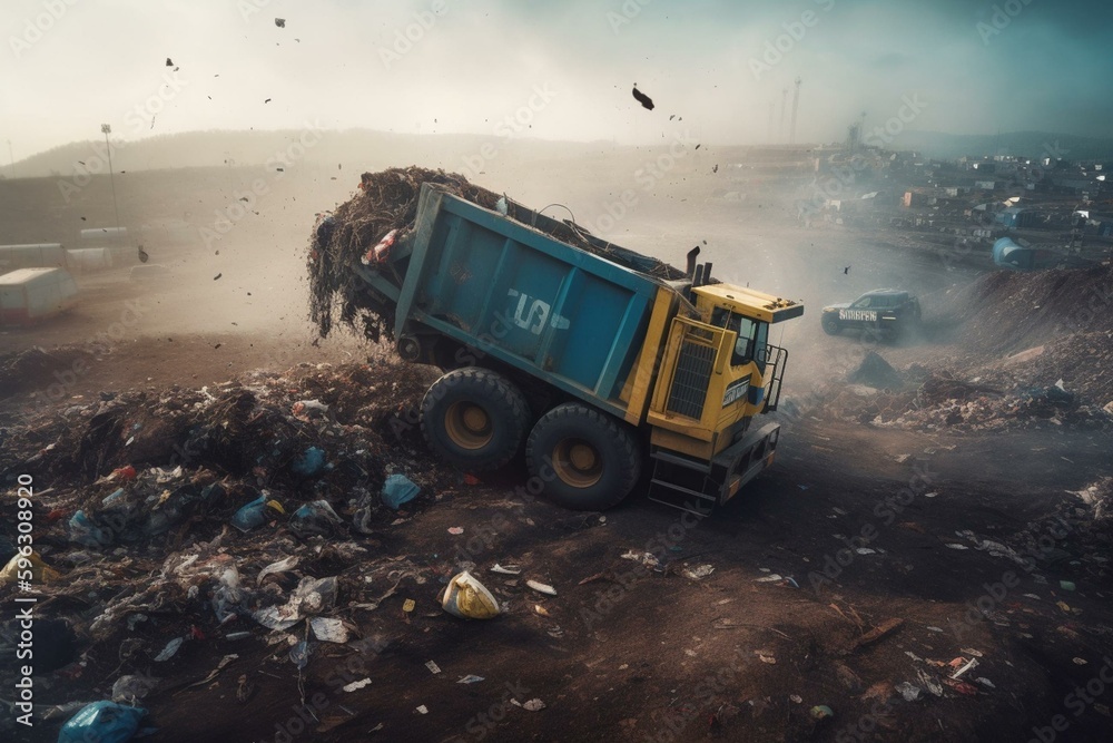Truck dumping waste in landfill. Plastic pollution concept. AI ...