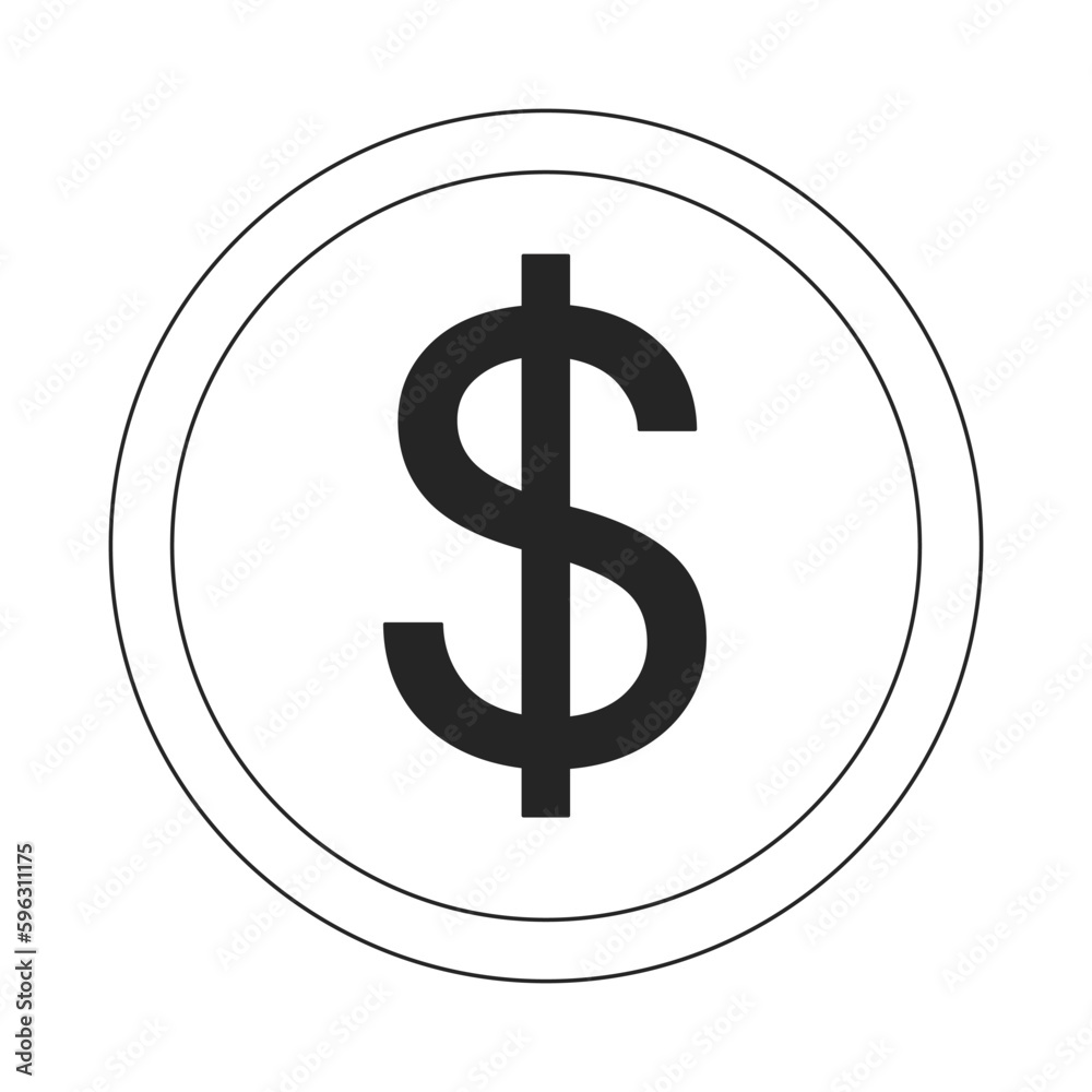 Dollar sign in linear circle flat line black white vector icon. Money ...