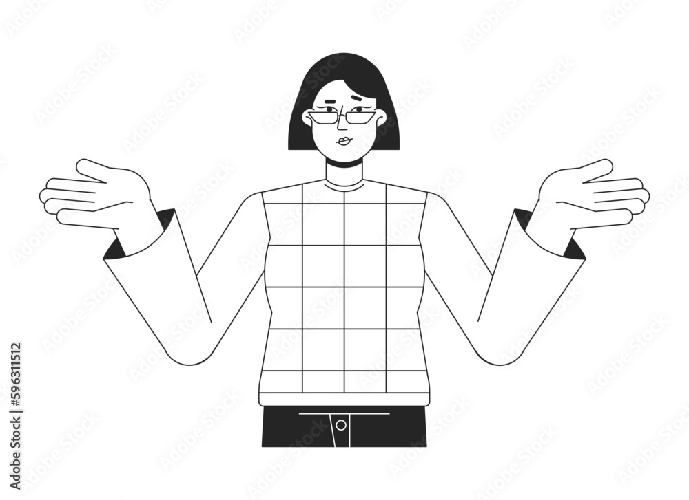 Executive woman shrugging with hands up flat line black white vector ...