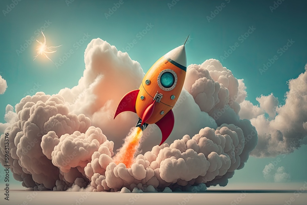 cute rocket start soaring through the sky, with clouds and blue skies ...