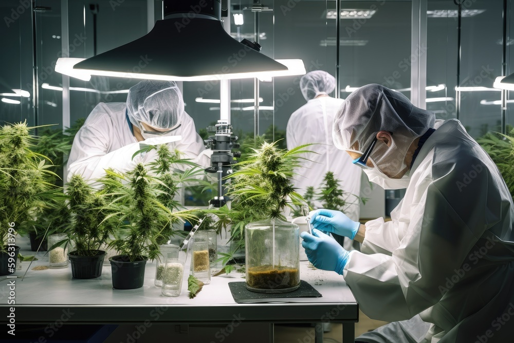 medical marijuana research lab with scientists conducting experiments and studying the effects ...